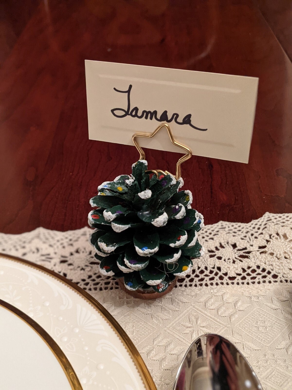 Christmas Tree Place Card Holder, Hand Painted, Pine Cone Table ...