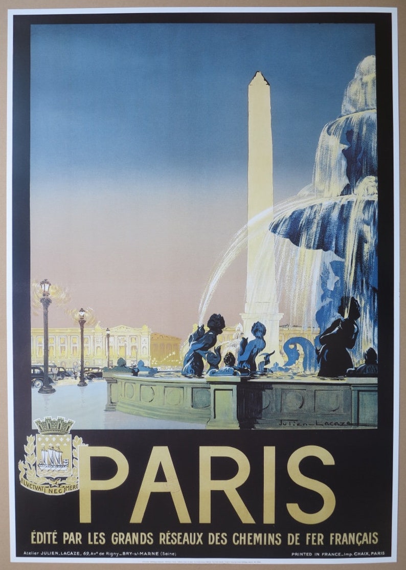 Paris Exhibition Poster - France - Fountain - Eiffel Tower - Airplane ...
