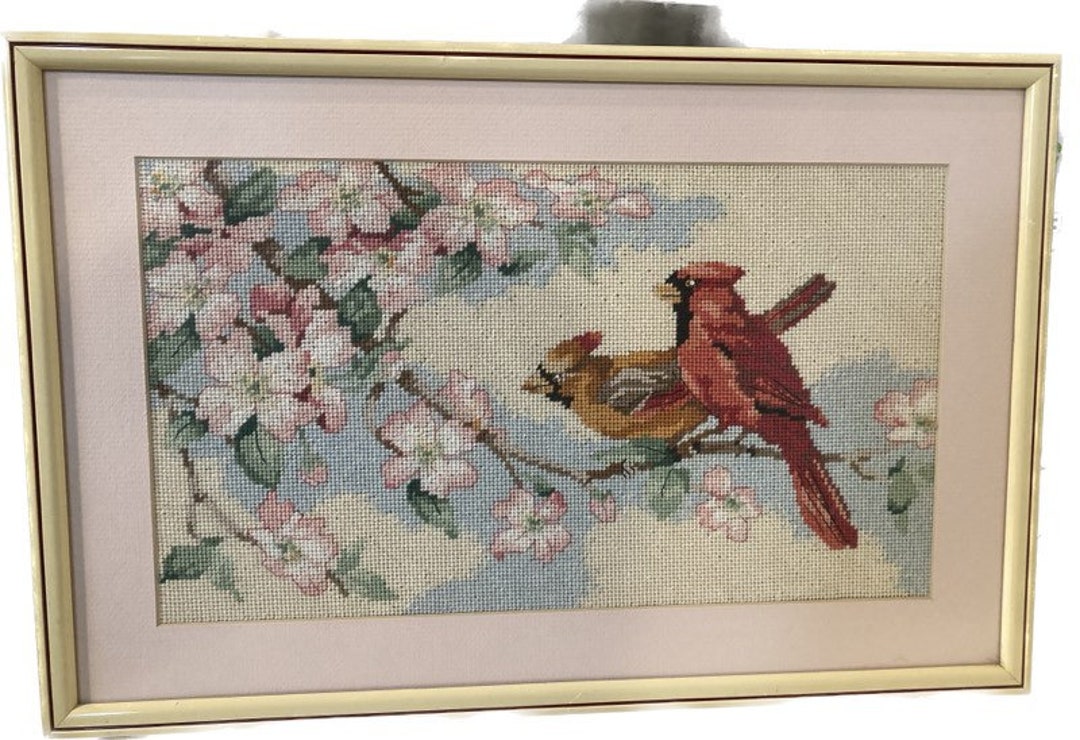 Vintage Needlepoint/ Vintage Framed Needlepoint / Cherry Blossoms ...