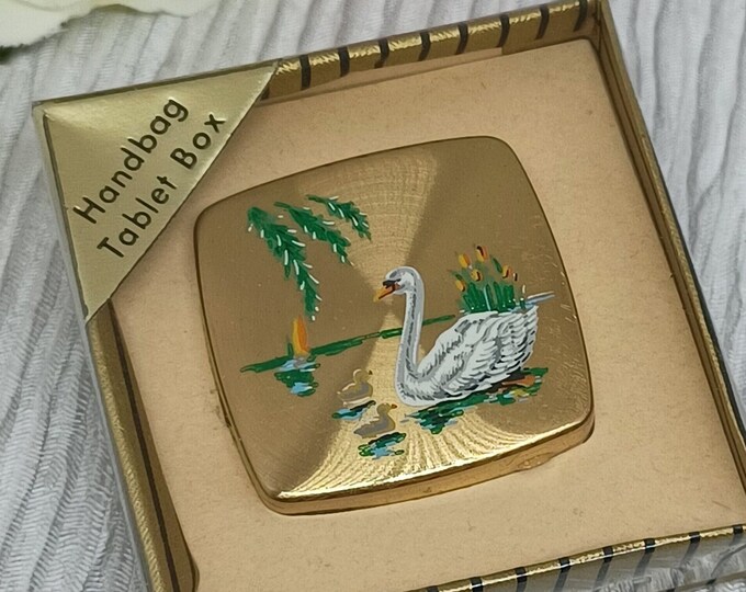 Vintage Mascot Pill Box in Gold Tone With Painted Swans Signets on a ...