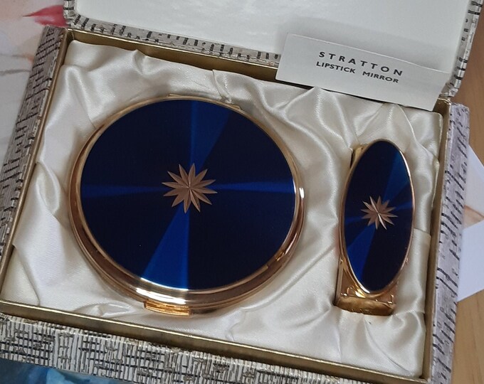 Stratton Compact and Lipstick Case Set Boxed Blue Enamel With Engraved ...