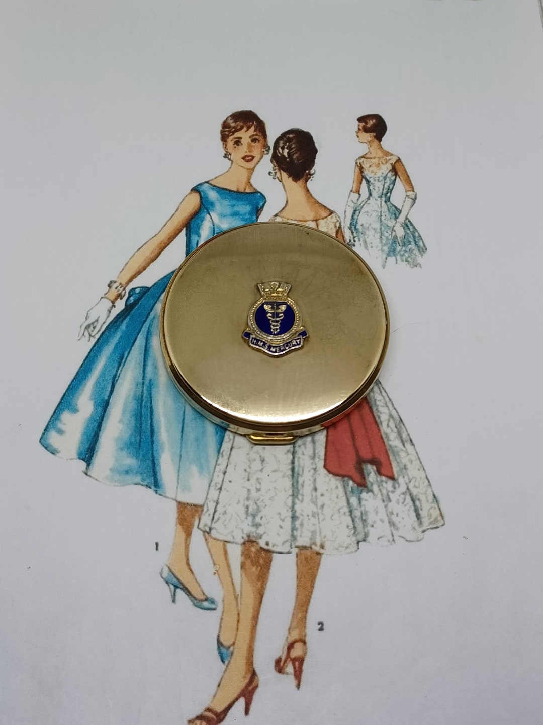 Vintage HMS Mercury Powder Compact ~ Gold Tone With Blue Enamel ...