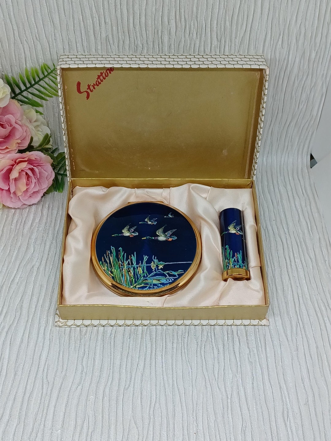 Stratton Powder Compact & Lipstick Boxed Set Blue Enamel With Mallard ...