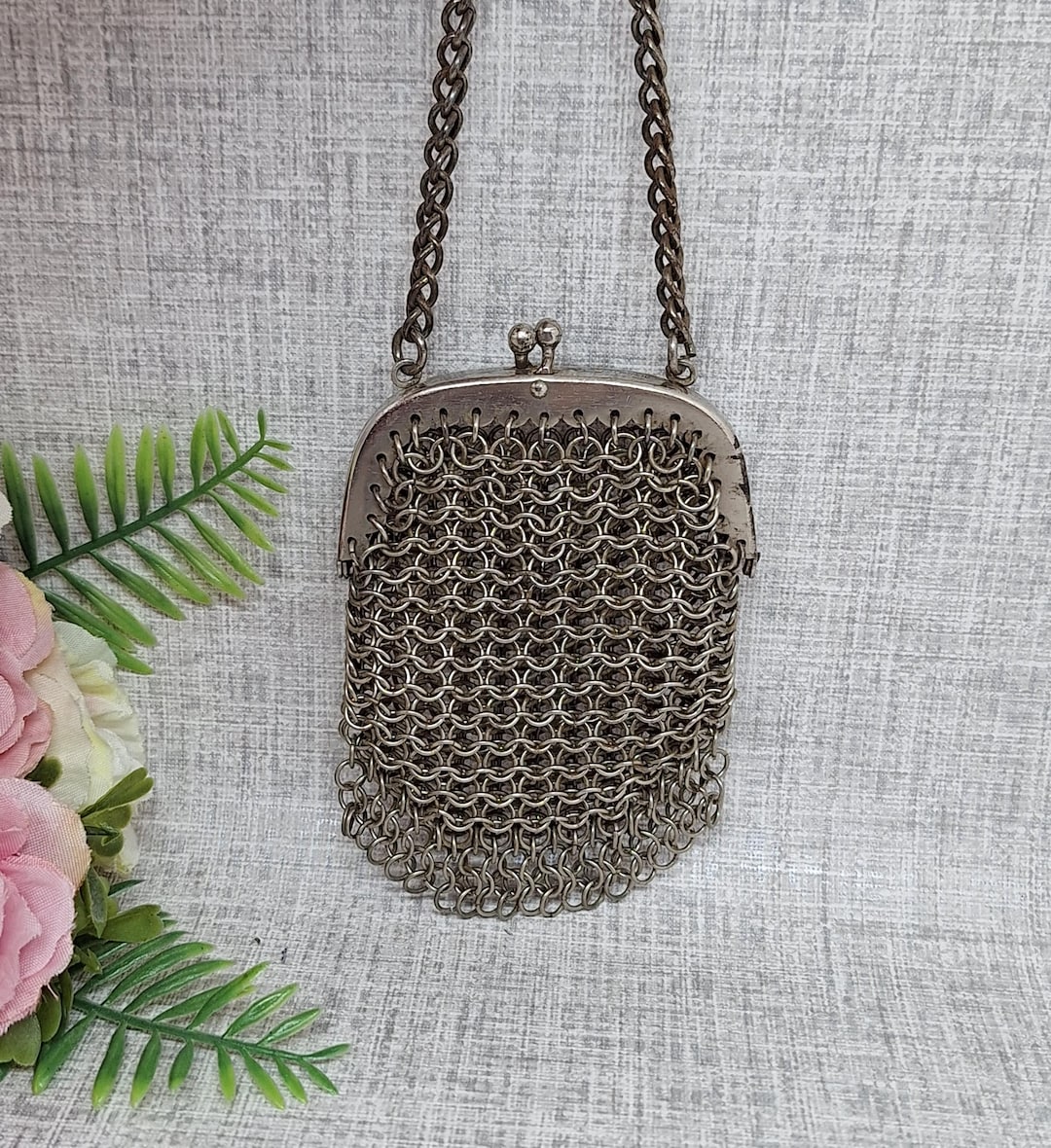 Antique Chainmail Coin Purse With Chain Handle ~ Silver Tone Metal ...