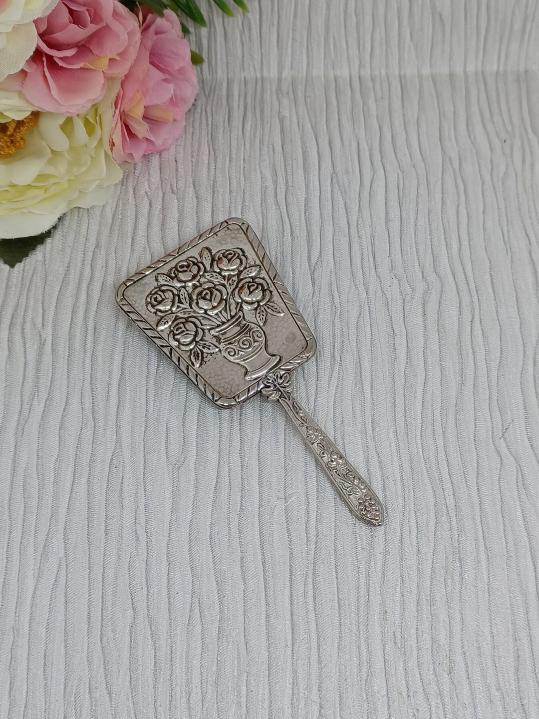 White Metal Hand Mirror With Repousse Roses in a Vase ~ Small Silver ...