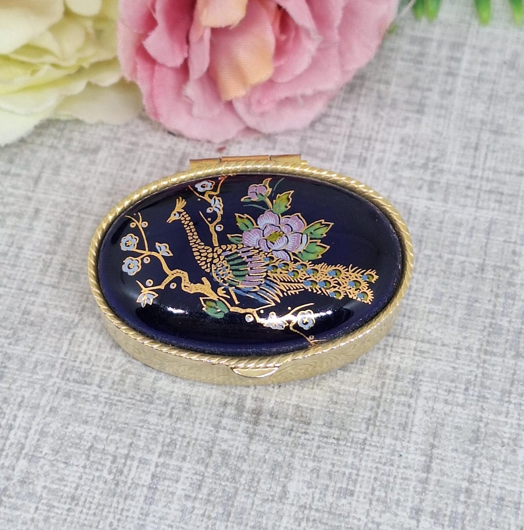 Oval Pill Box in Blue With a Gold Peacock and Pink Flower - Etsy