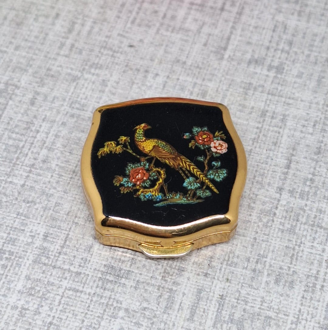 Stratton Pill Box With Pheasant on Black Enamel ~ Vintage 1960s Mini ...