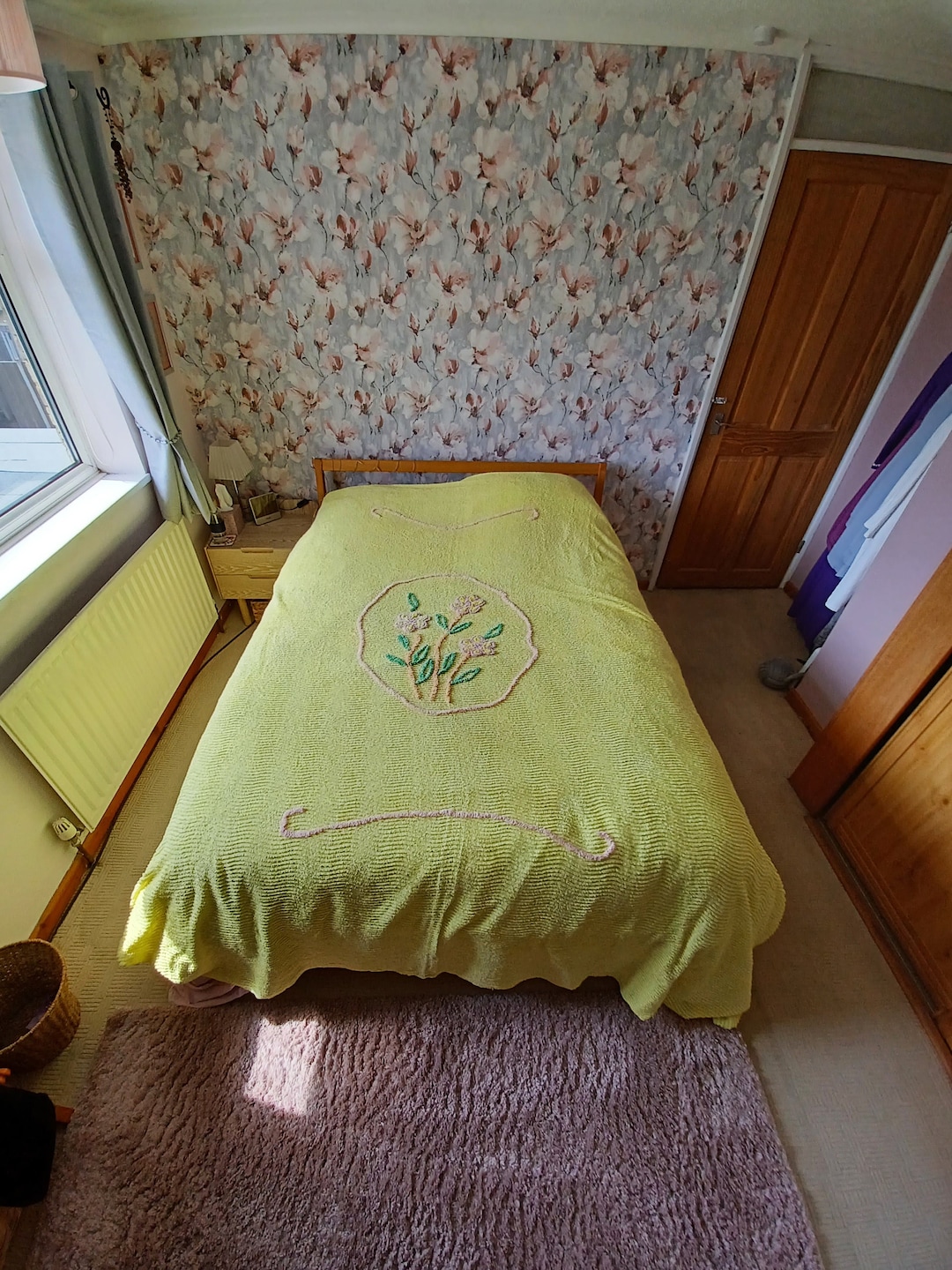 Vintage Yellow Candlewick Bedspread With Pink & Green Flowers ~ Double ...