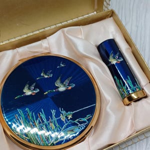 Stratton Powder Compact & Lipstick Boxed Set Blue Enamel With Mallard ...