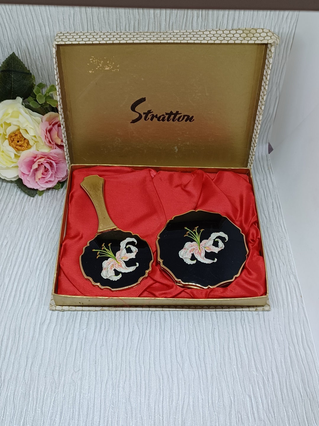 Stratton Powder Compact and Hand Mirror Set ~ Black With a White & Pink ...