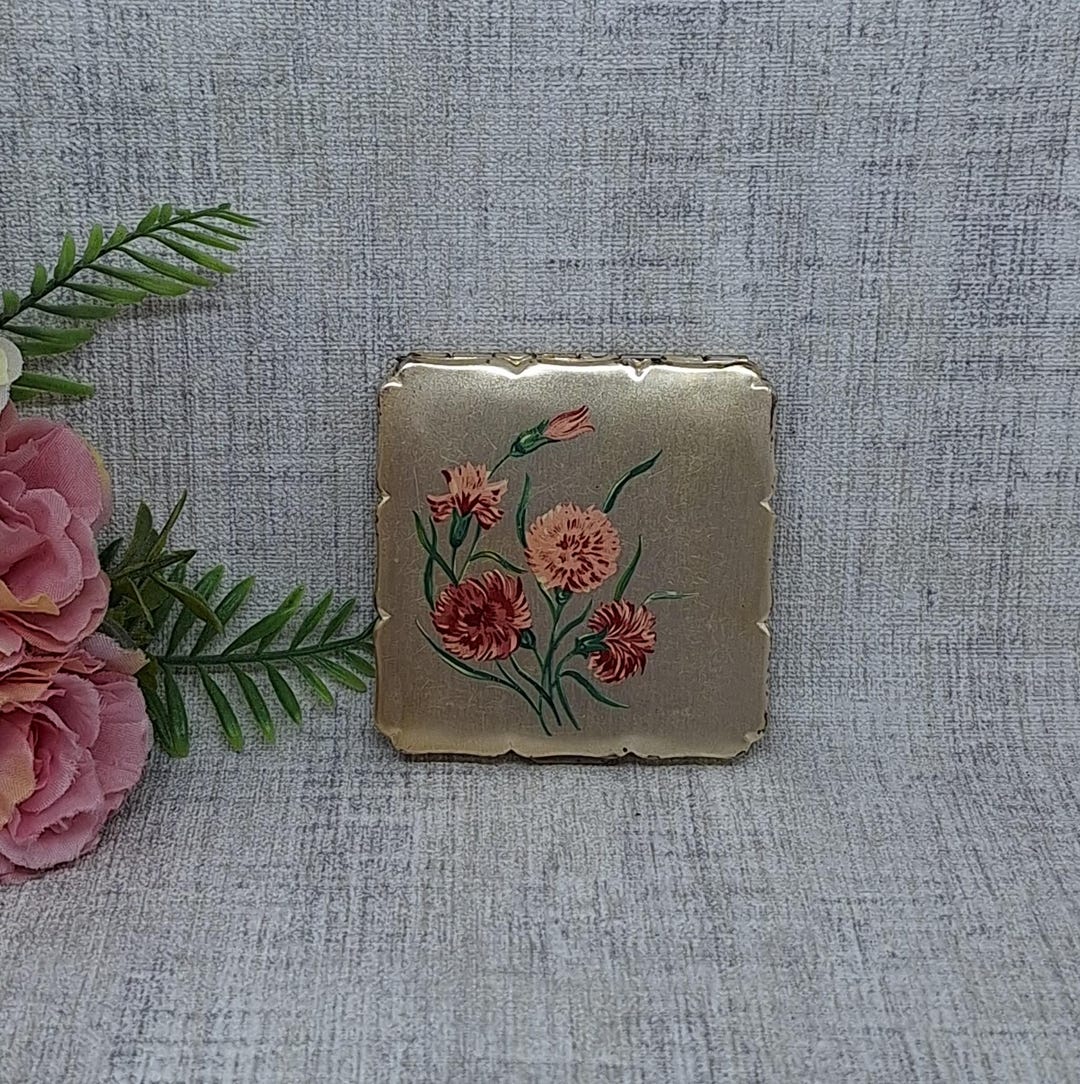 Stratton Royale Powder Compact ~ Silver Tone With Pink Carnations ...