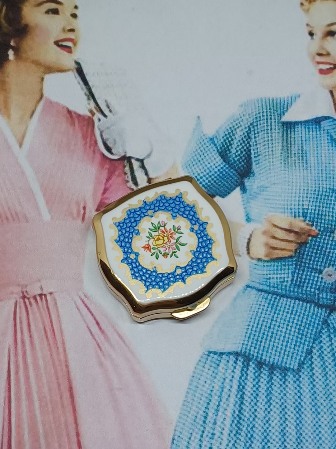 Stratton Mini Box Pill Box With Flowers Inside a Blue and Gold - Etsy