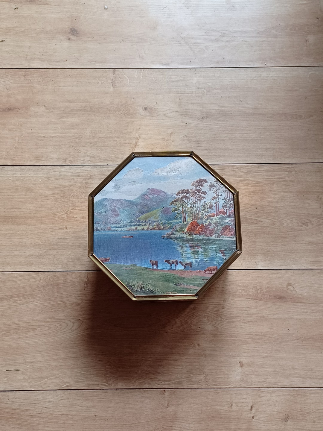 Vintage Sewing Box Wooden With Brass Plating and Foiled Picture on ...