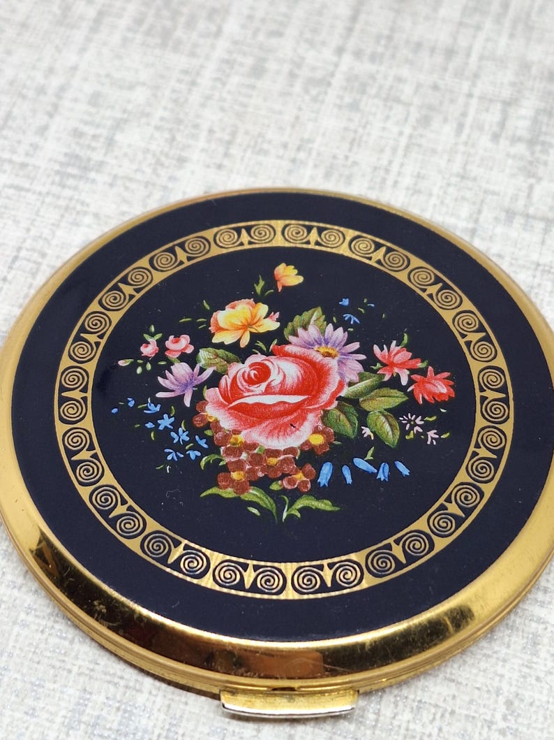 Stratton Compact ~ Blue Enamel With a Pink Rose and Flowers - Etsy