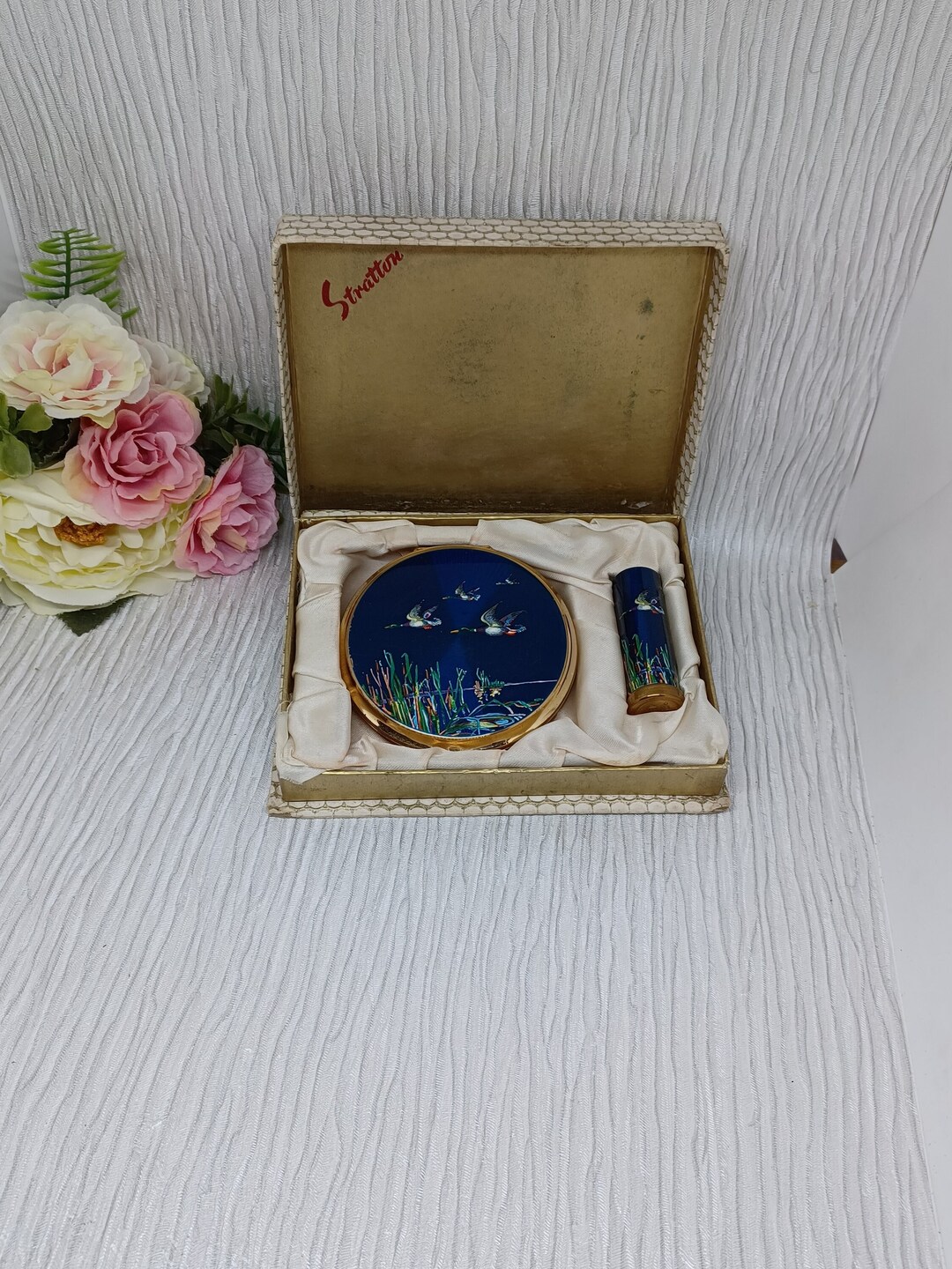 Stratton Powder Compact & Lipstick Boxed Set ~ Blue Enamel With Mallard ...
