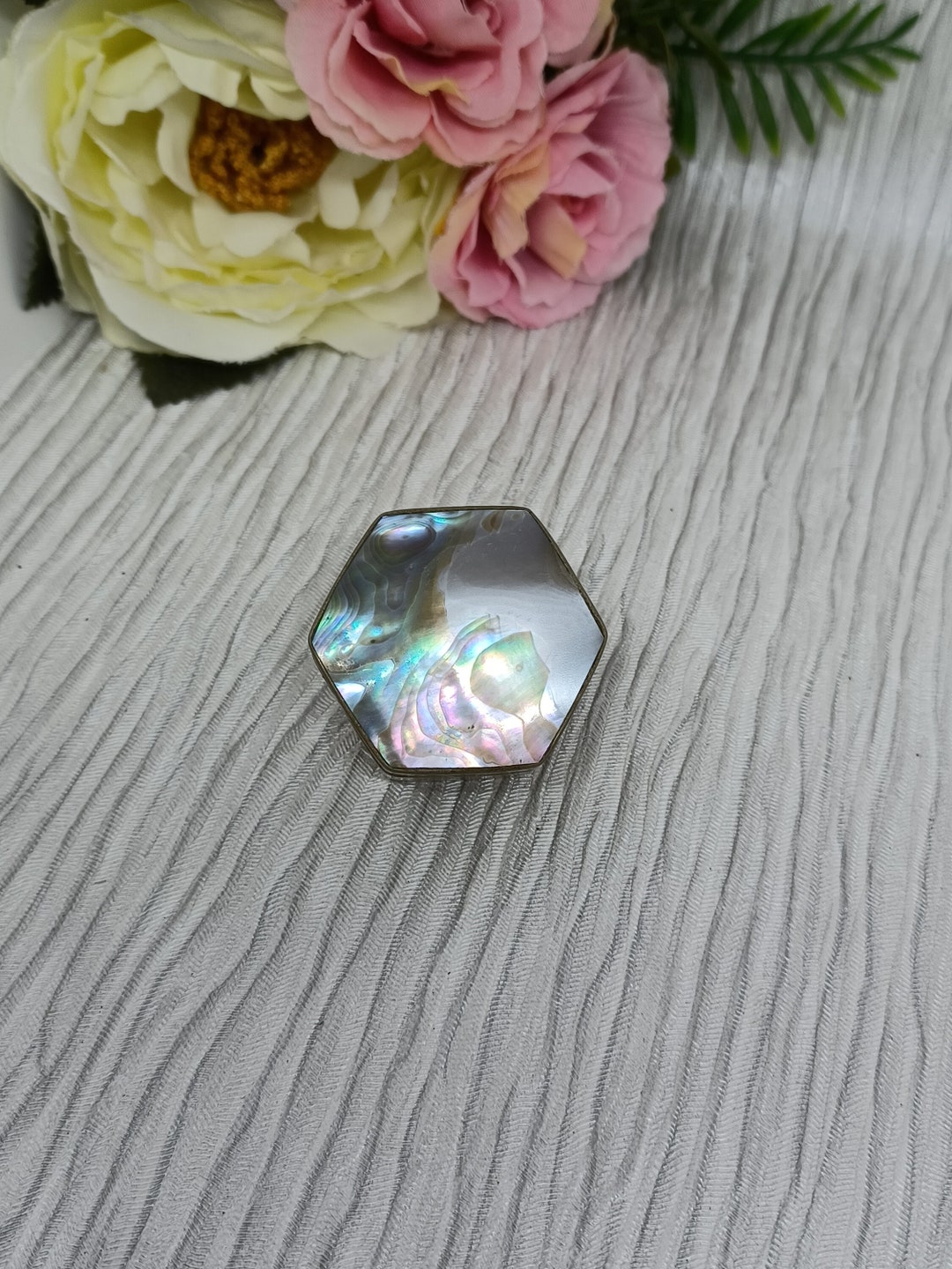 Abalone Shell Pill Box Paua Hexagonal Travel Pills Case in Silver Tone ...