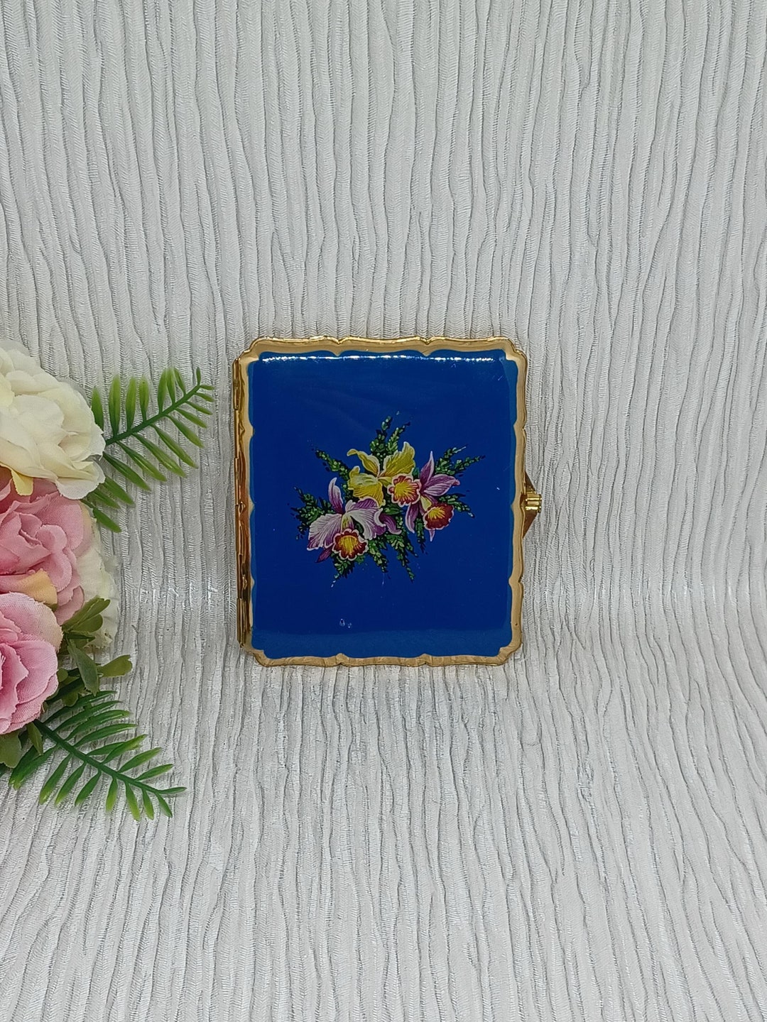 Stratton Cigarette Case in Blue Enamel With Orchids ~ Pink and Yellow ...
