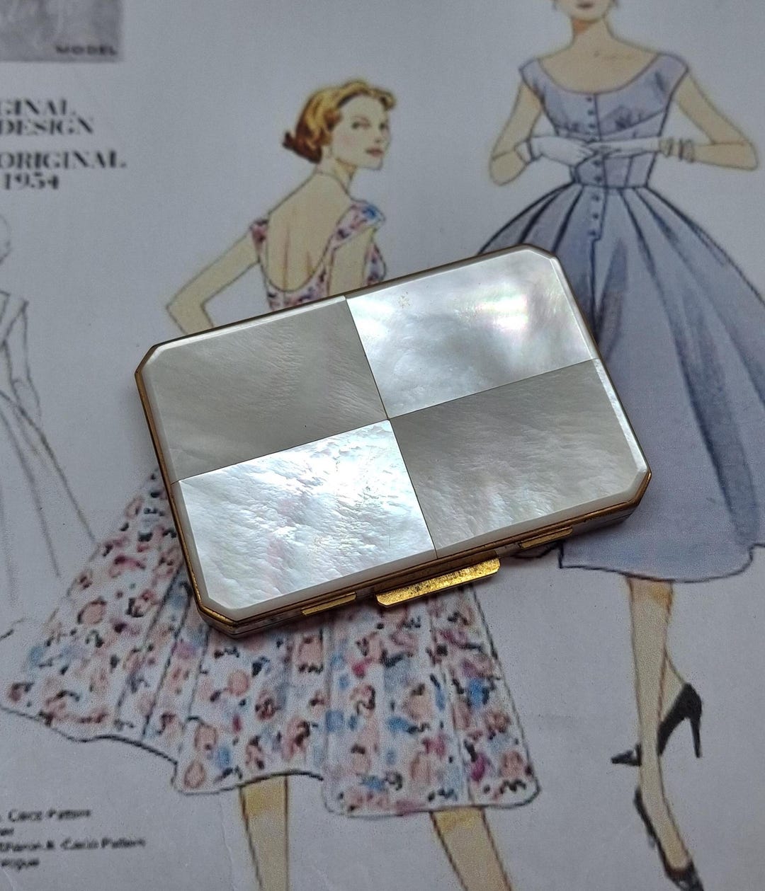 Stratton Powder Compact With Mother of Pearl Tile Lid ~ Vintage Slab or ...