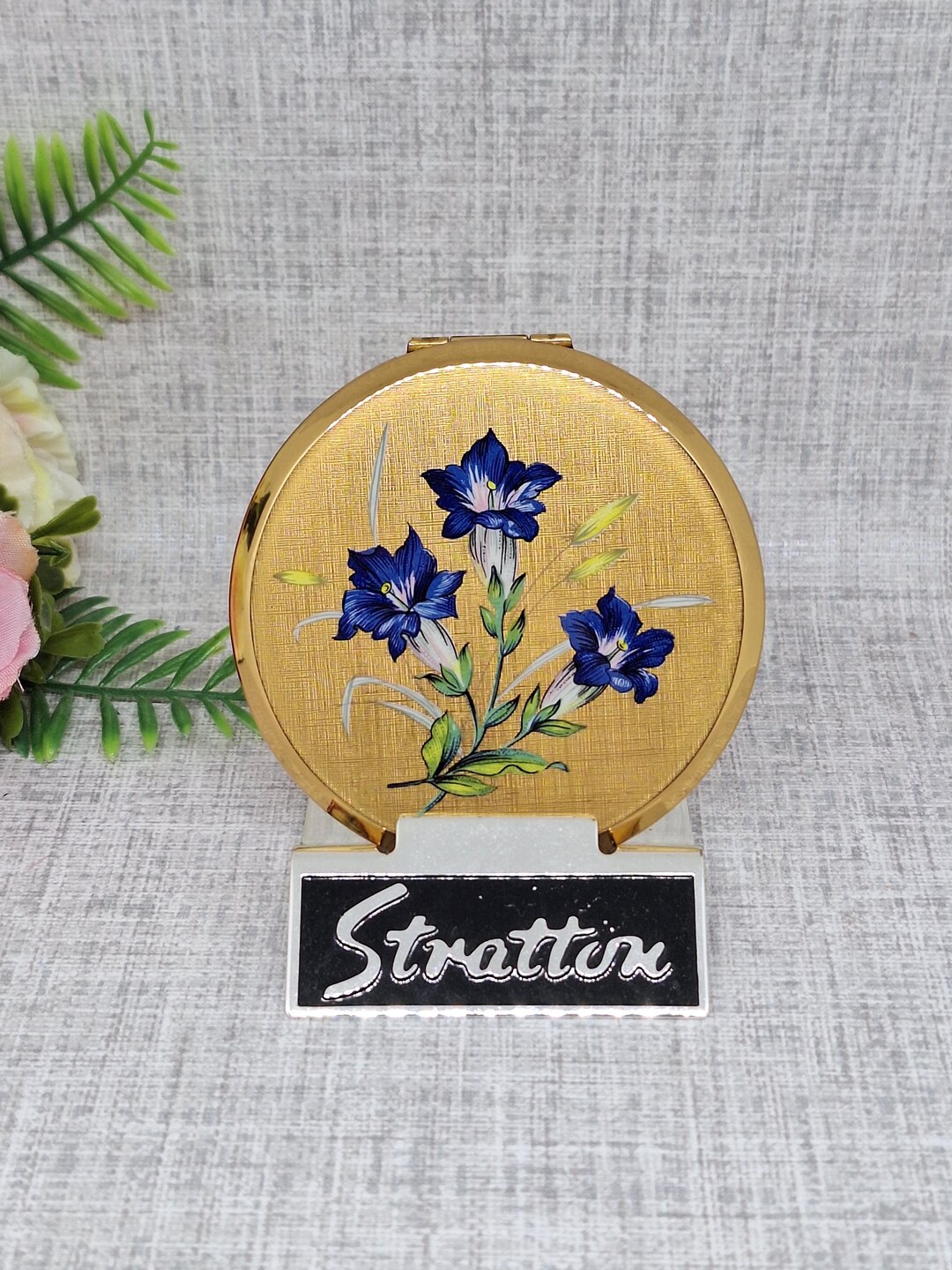 Stratton 'mini Convertible' Powder Compact Mirror ~ Gold Tone With Blue ...