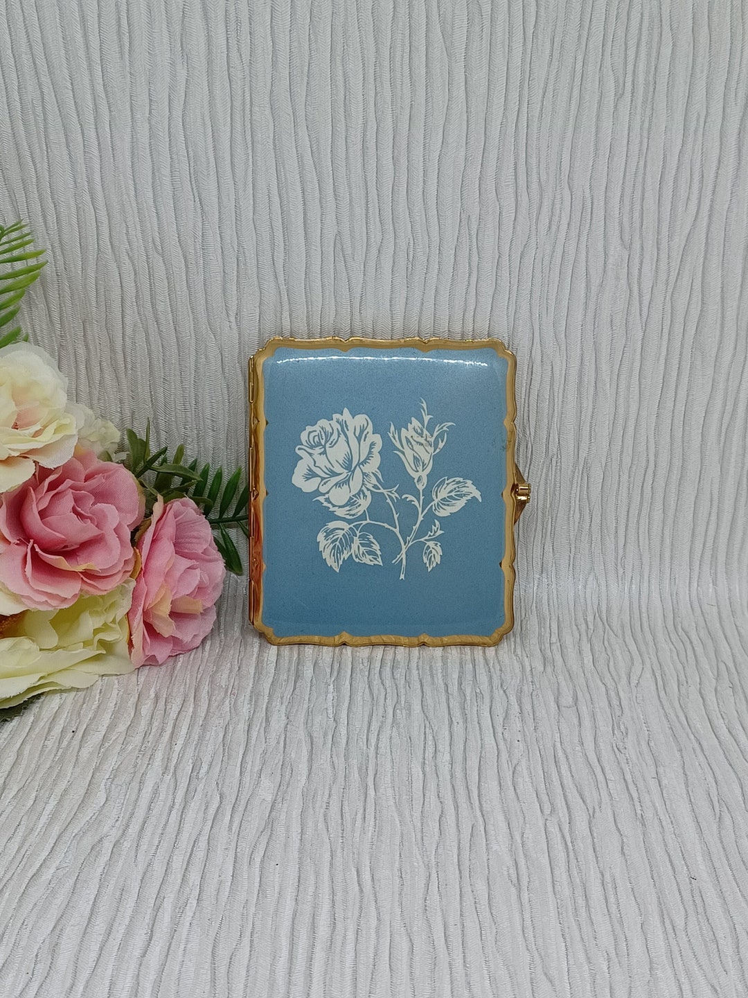 Stratton Cigarette Case in Light Blue Enamel With a White Rose and Bud ...