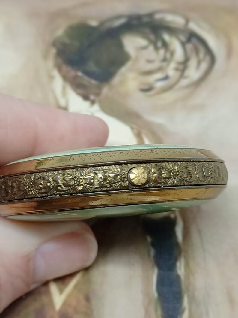Jules Richard Powder Compact ~ Brass With Green Enamel ~ Antique 1930s ...