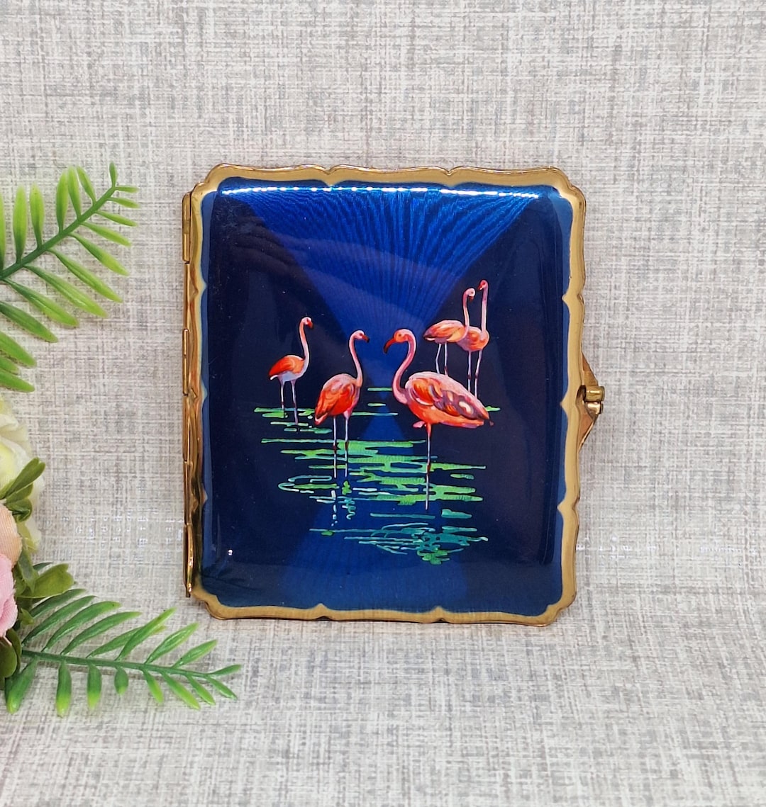 Stratton Cigarette Case in Blue Enamel With Pink Flamingos in Green ...