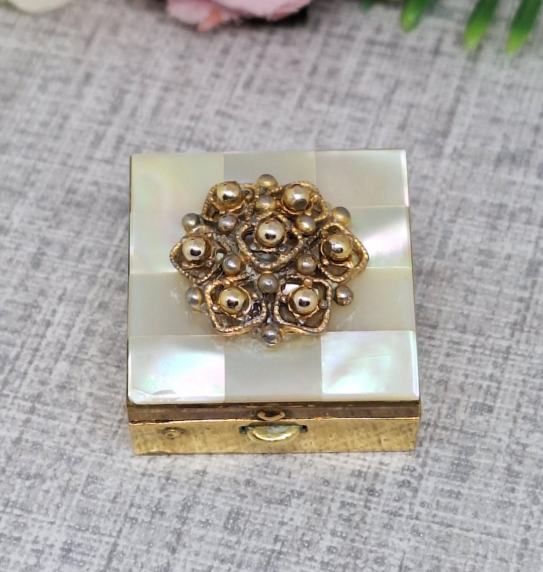 Mother of Pearl Pill Box or Trinket Box With Gold Tone Embellishment ...