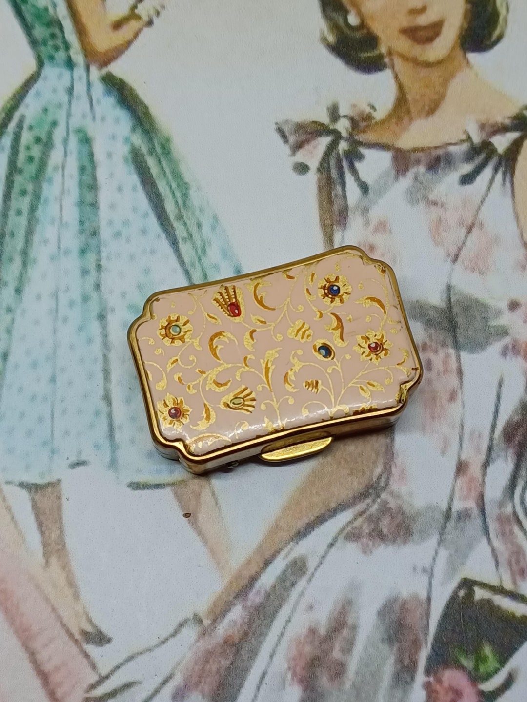 Stratton Pill Box 'indian Print' Design With Pink Enamel Decorated With ...
