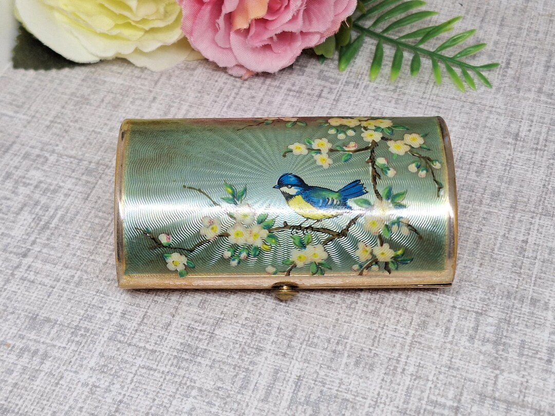 Vintage Kigu Powder Compact ~ Green Guilloche With a Bluetit on Blossom ...