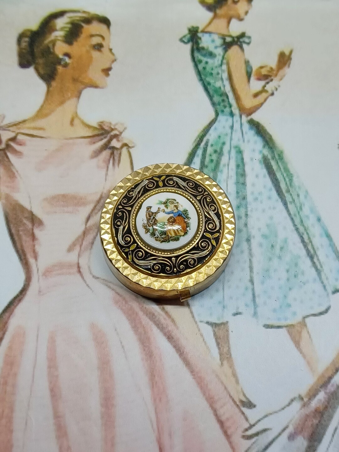 Damascene Pill Box Black With an Gold Tone Scrolls and Ceramic Disc ...