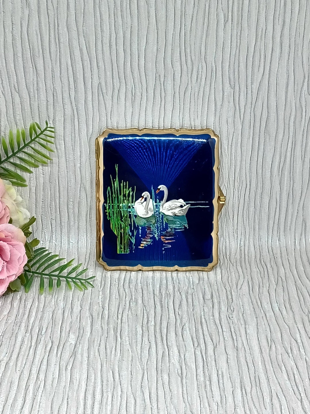 Stratton Cigarette Case in Blue Enamel With 2 Swans on a Lake or River ...