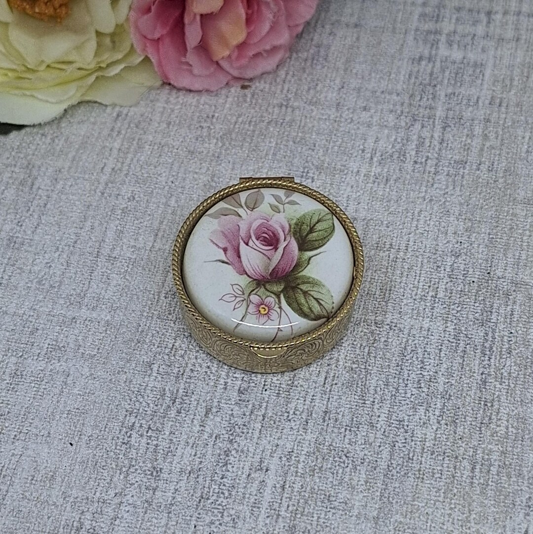 Gold Tone Pill Box With a Ceramic Insert Decorated With a Pink Rose ...