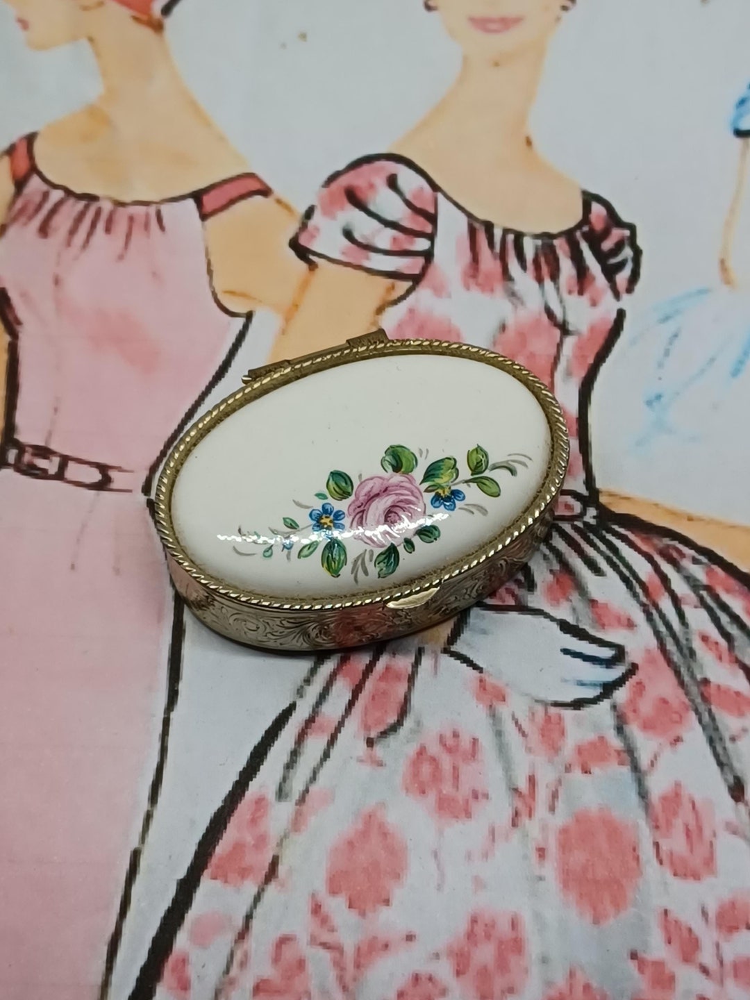 Oval Pill Box With a White Ceramic Tile Decorated With a Pink Rose and ...