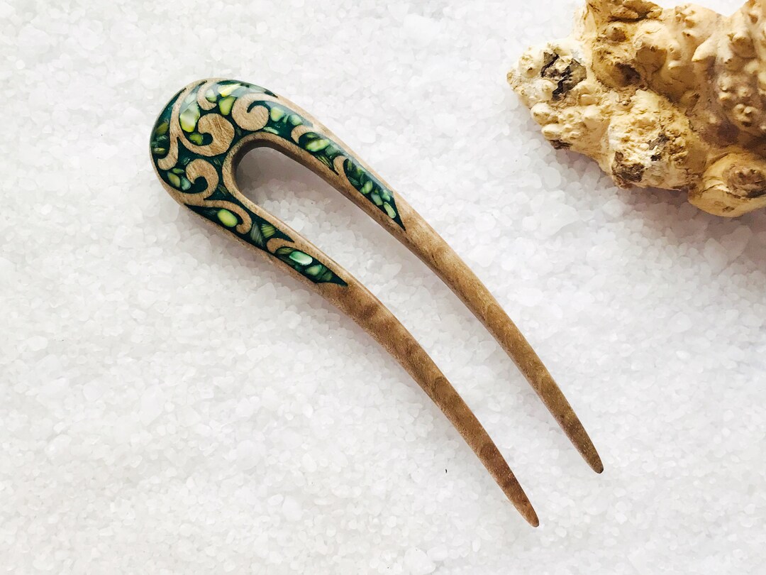 Celtic Wooden Hair Fork With Green Stones: Double Sided Hair Pin - Etsy