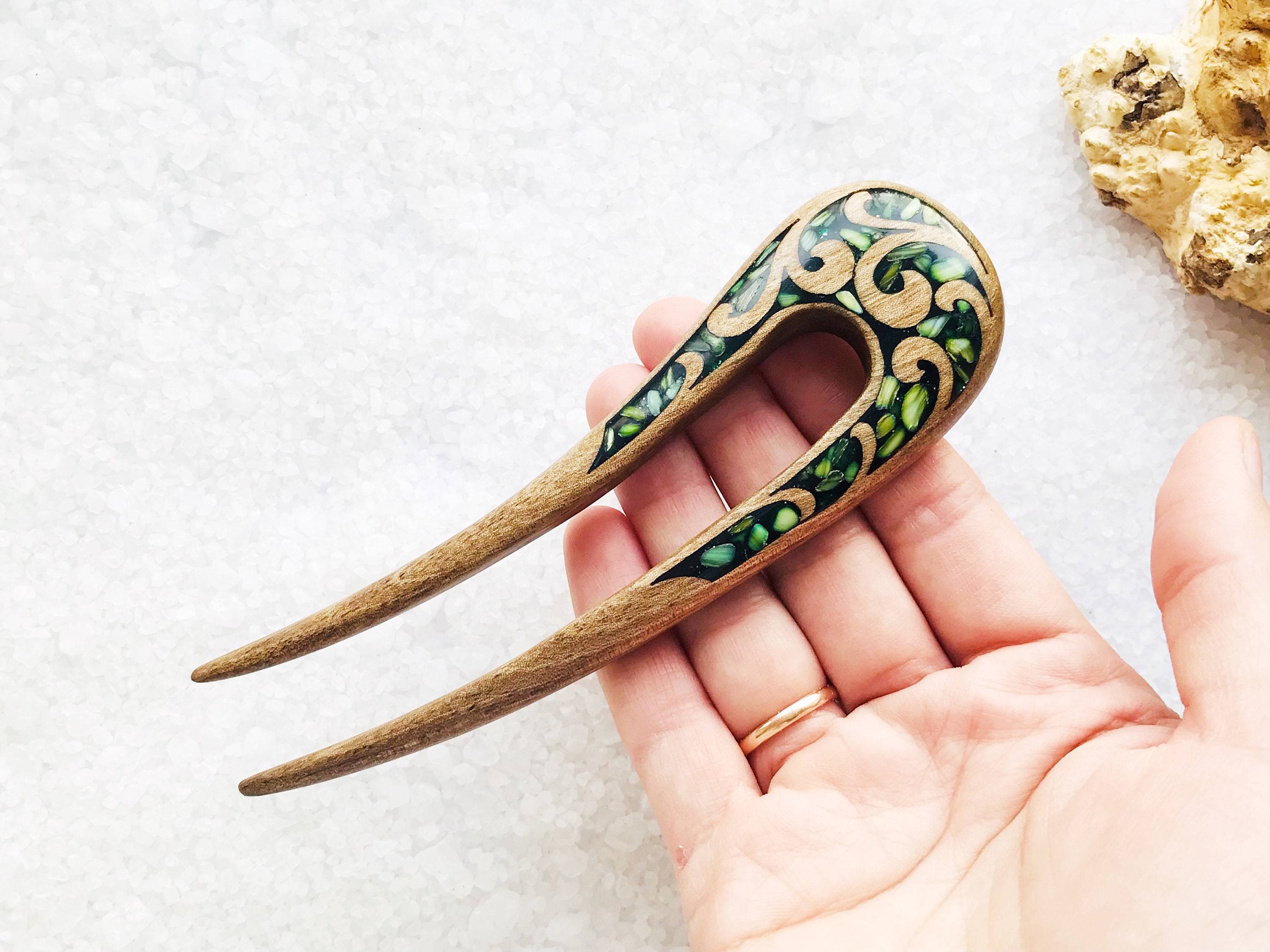 Celtic Wooden Hair Fork With Green Stone – Handmade Resin Hair Stick ...