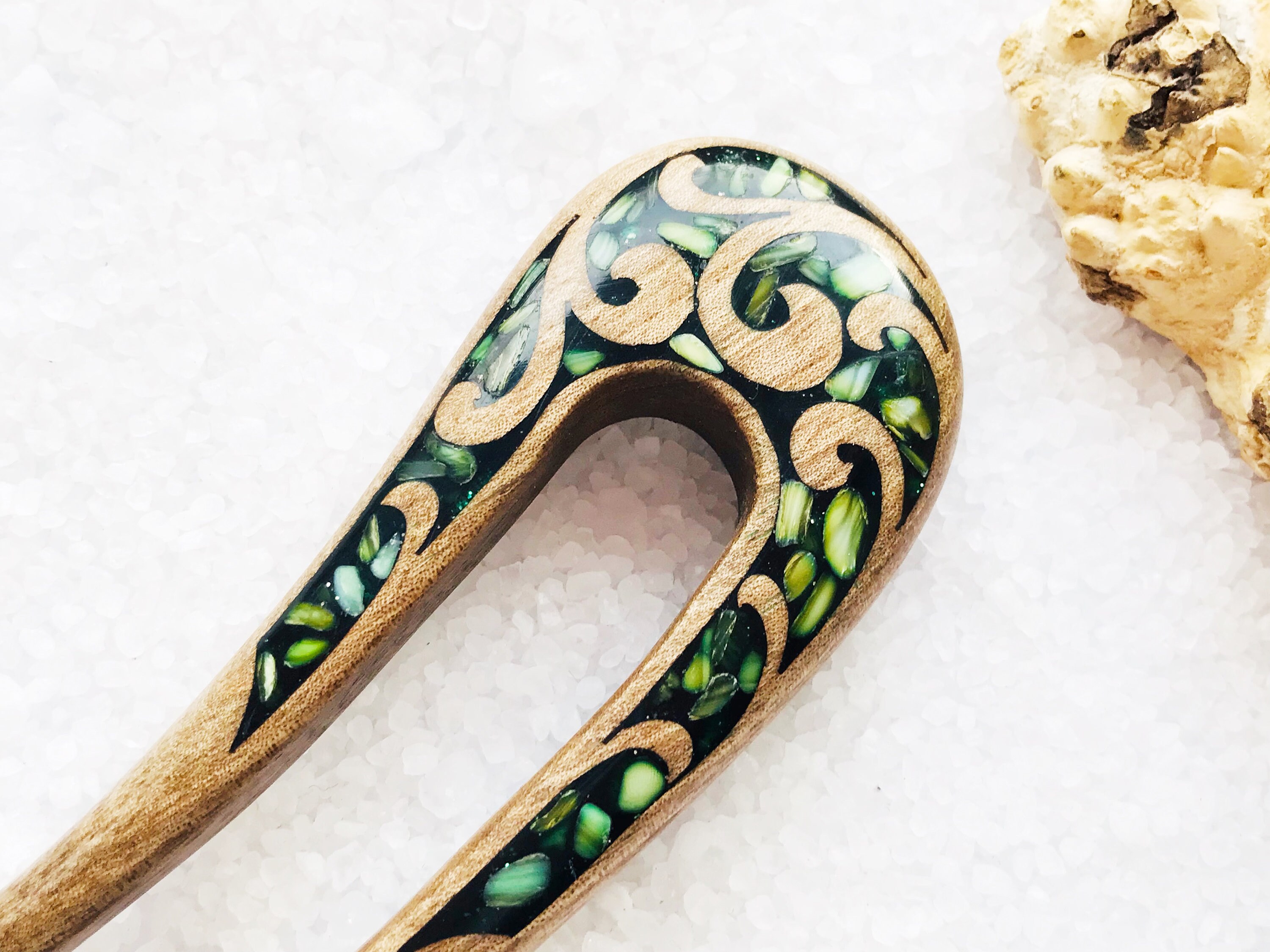 Celtic Wooden Hair Fork With Green Stone – Handmade Resin Hair Stick ...