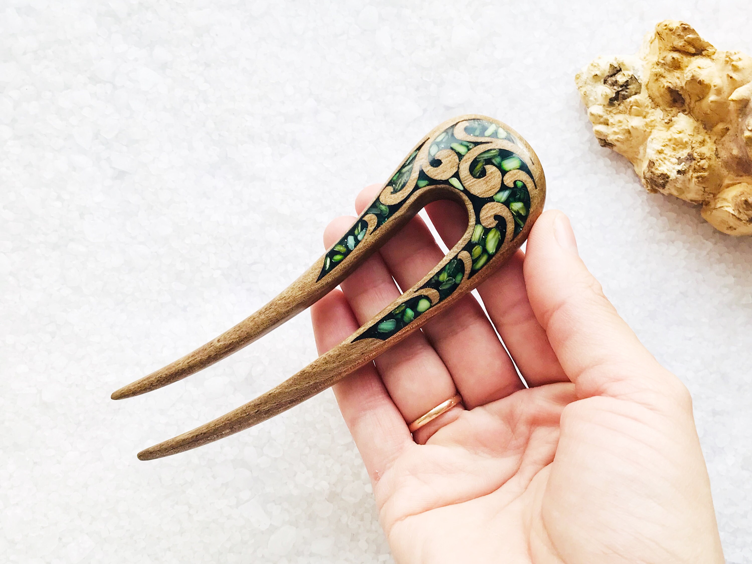 Celtic Wooden Hair Fork With Green Stone – Handmade Resin Hair Stick ...