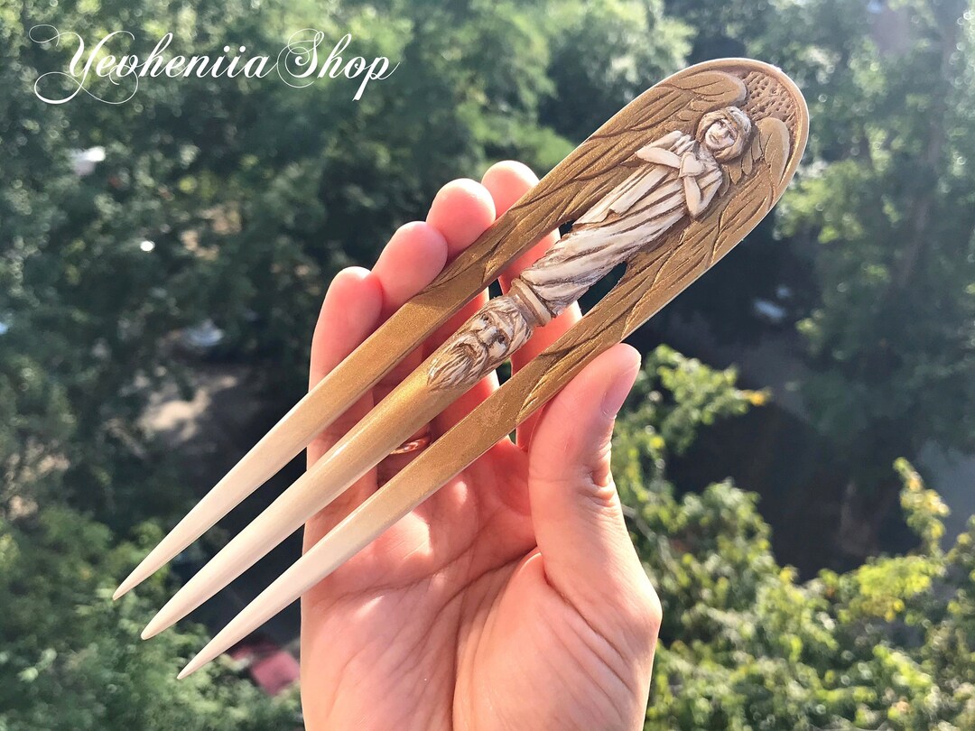 Carved Wood Hair Fork: Gold Angel Bun Holder - Etsy