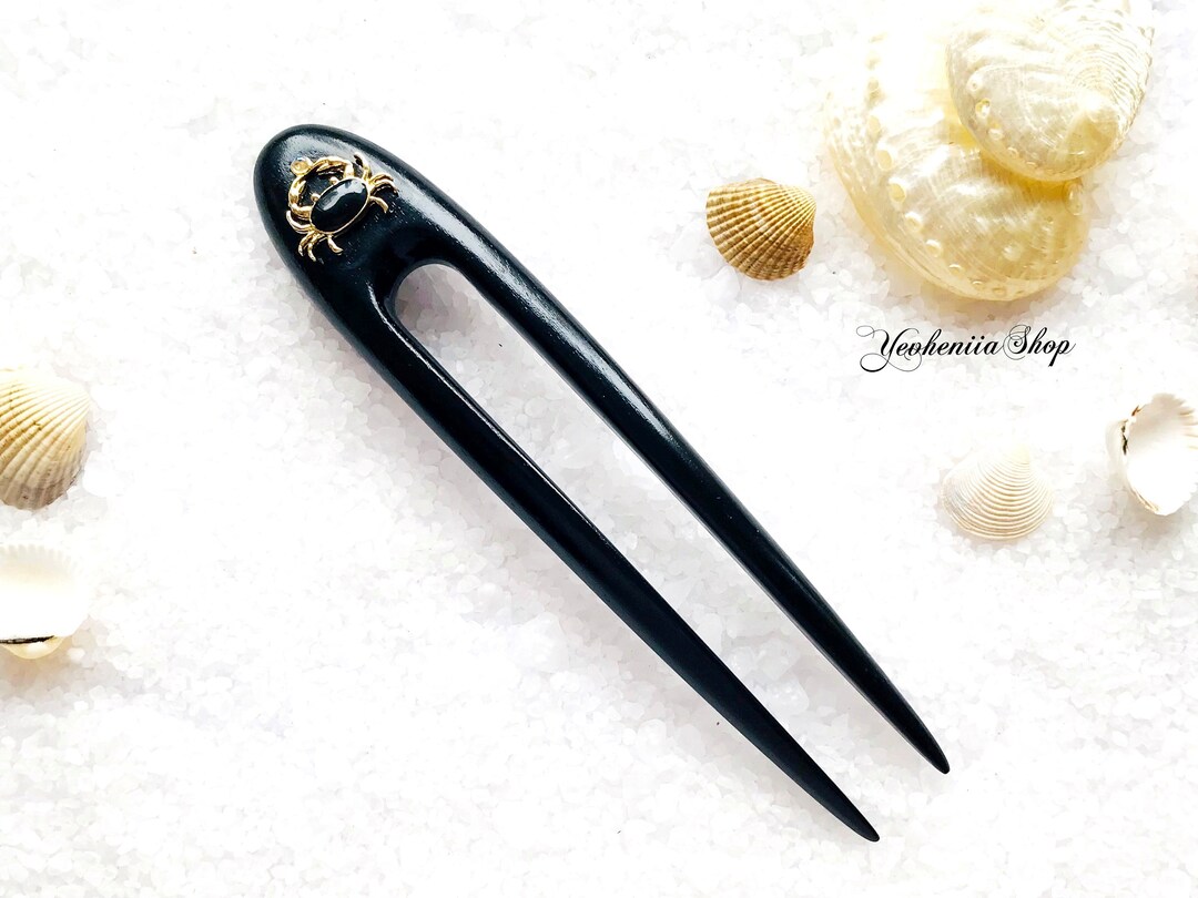 Black Wooden Hair Fork With Crab – Hand Carved Ocean Hair Stick ...