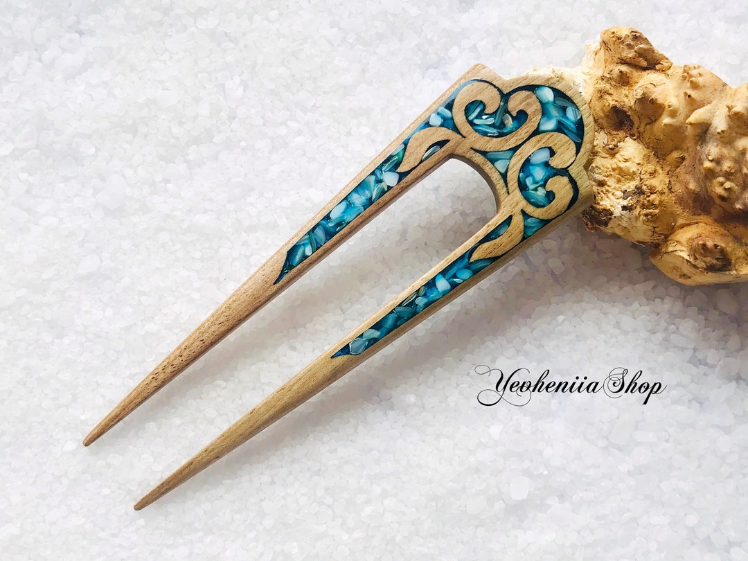Celtic Wooden Hair Fork With Blue Stones: Resin Hair Barrette - Etsy