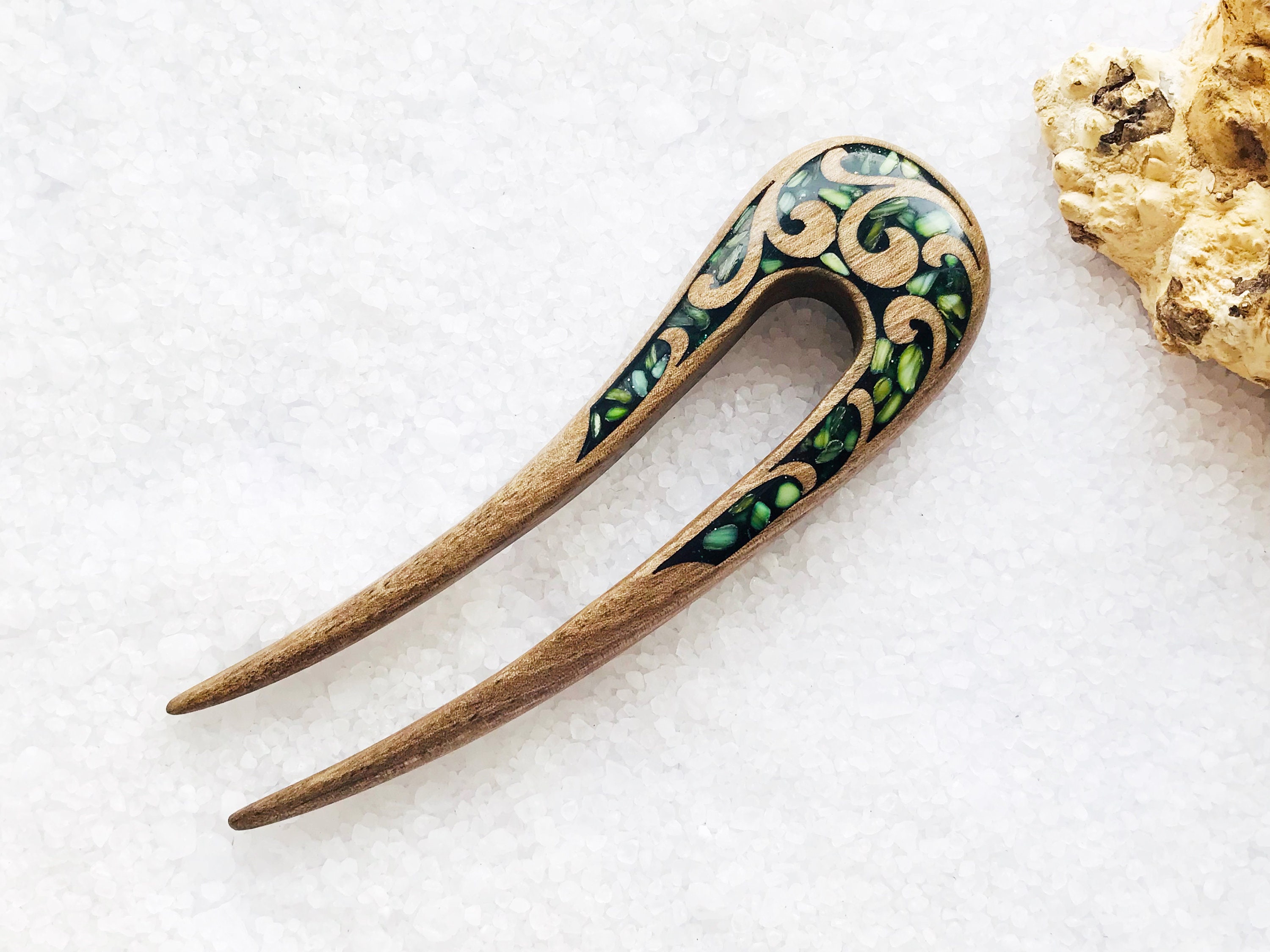 Celtic Wooden Hair Fork With Green Stone – Handmade Resin Hair Stick ...