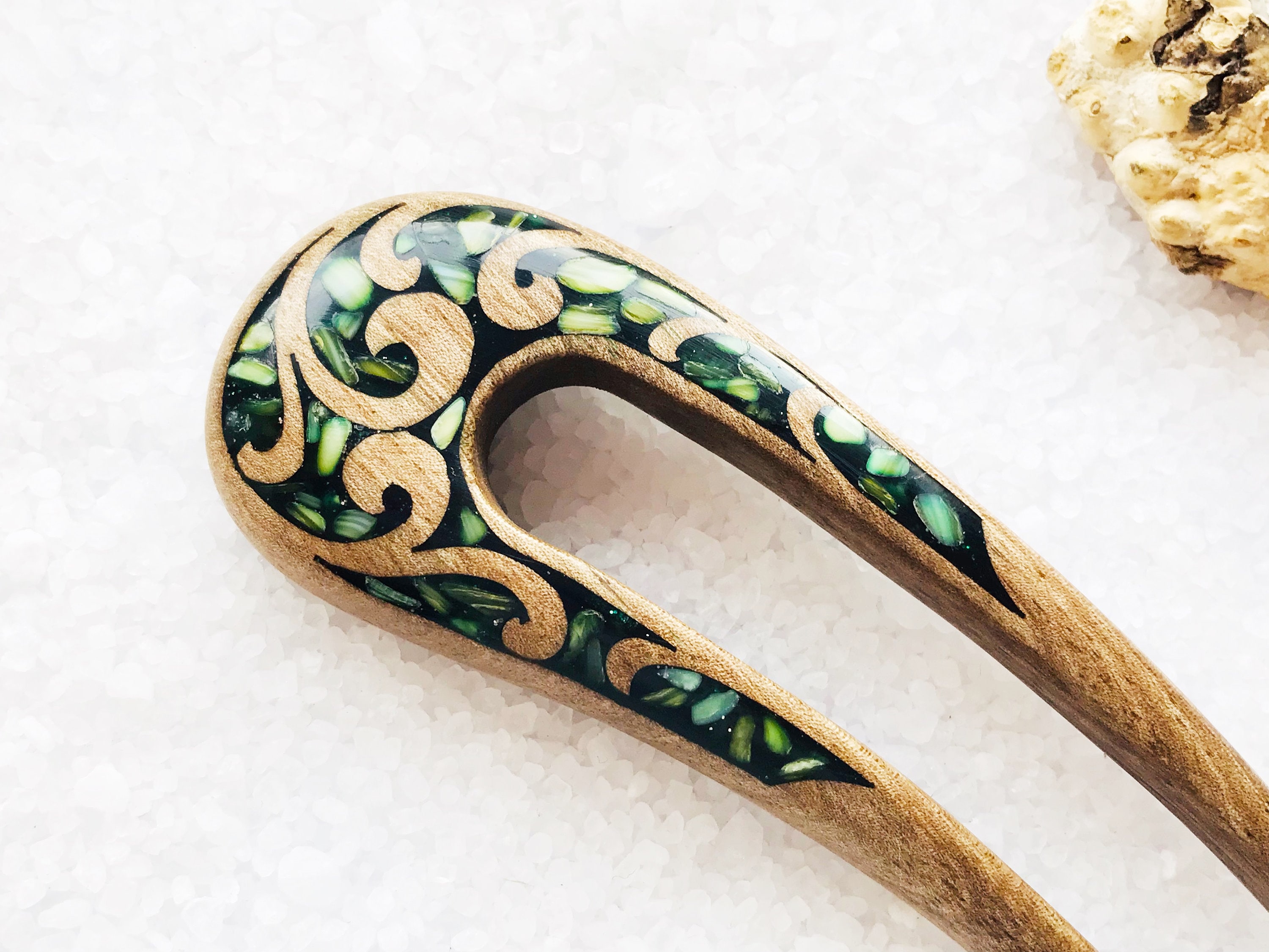 Celtic Wooden Hair Fork With Green Stone – Handmade Resin Hair Stick ...