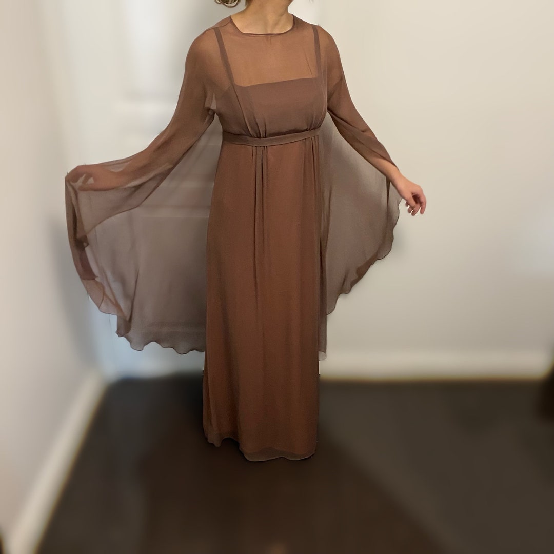 French 1960s Cape Style Full-length Brown Chiffon Dress by Arlette ...