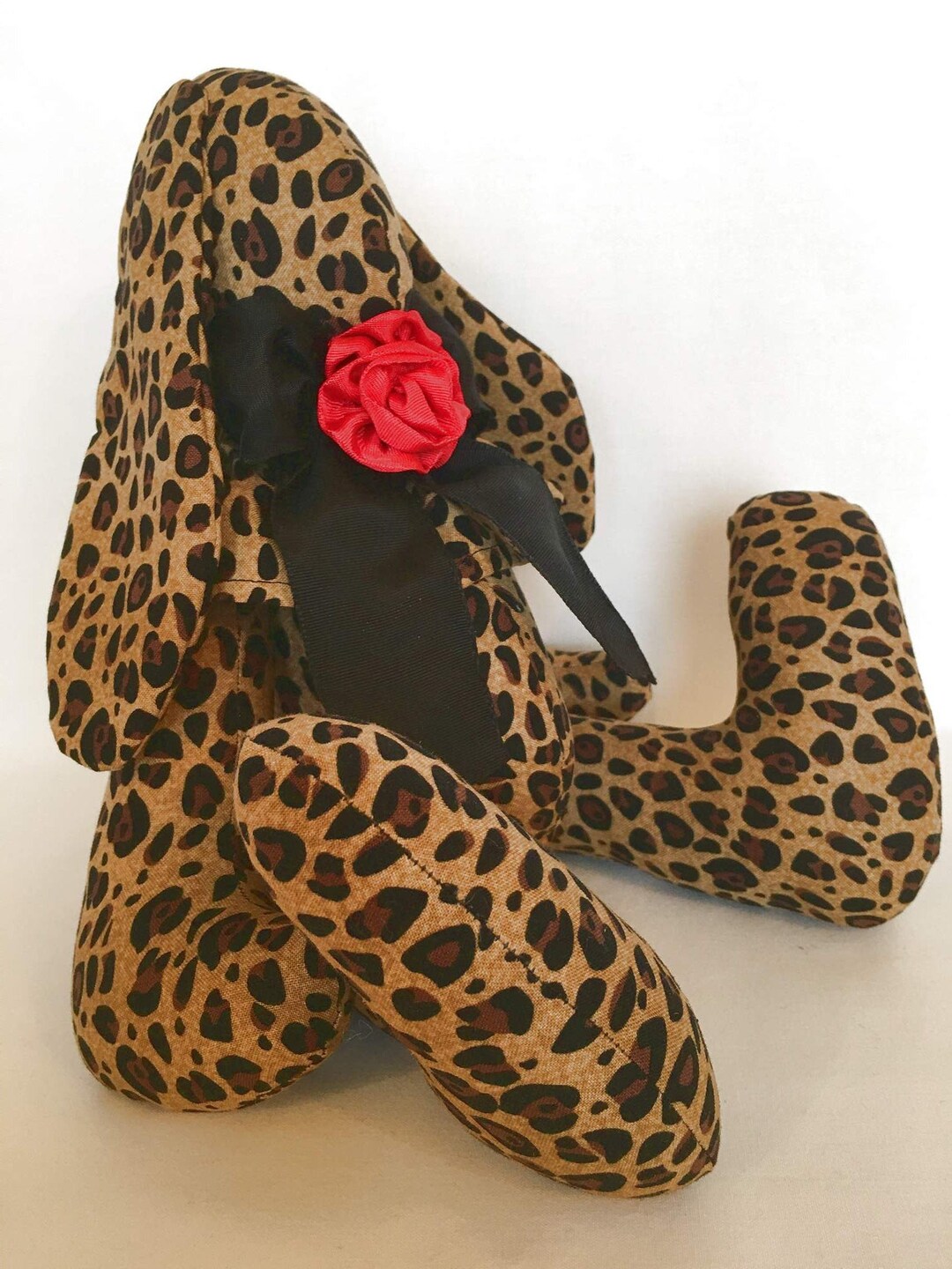 Handmade Leopard Print Bunny Rabbit With Ruffle Collar: Red Ribbon Rose ...