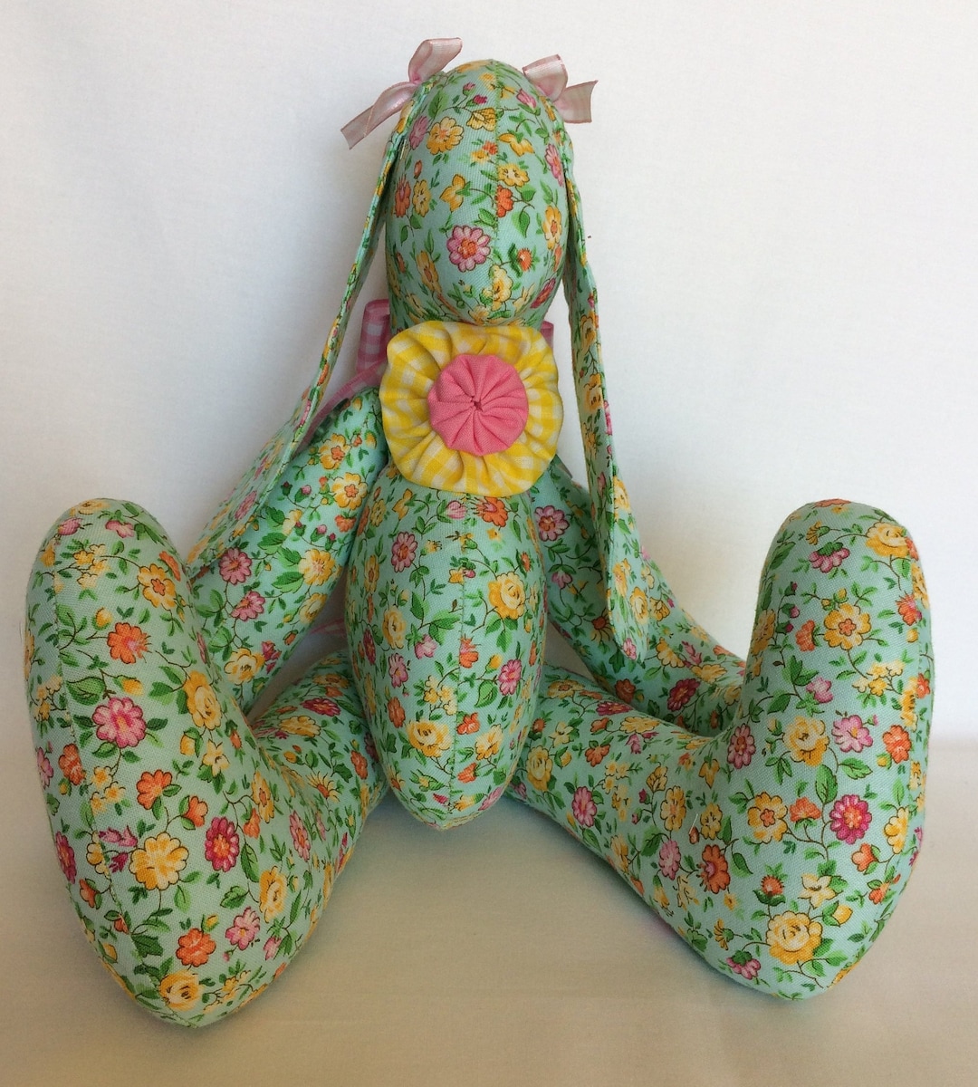 Handmade Calico Bunny Rabbit: Mint Green Floral Print, Gingham Accents ...