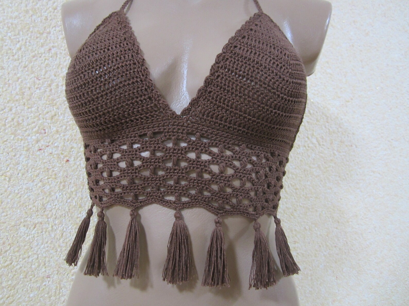 Brown Crochet Bikini Top Beach Outfit Triangle Swimsuit Top Crochet ...