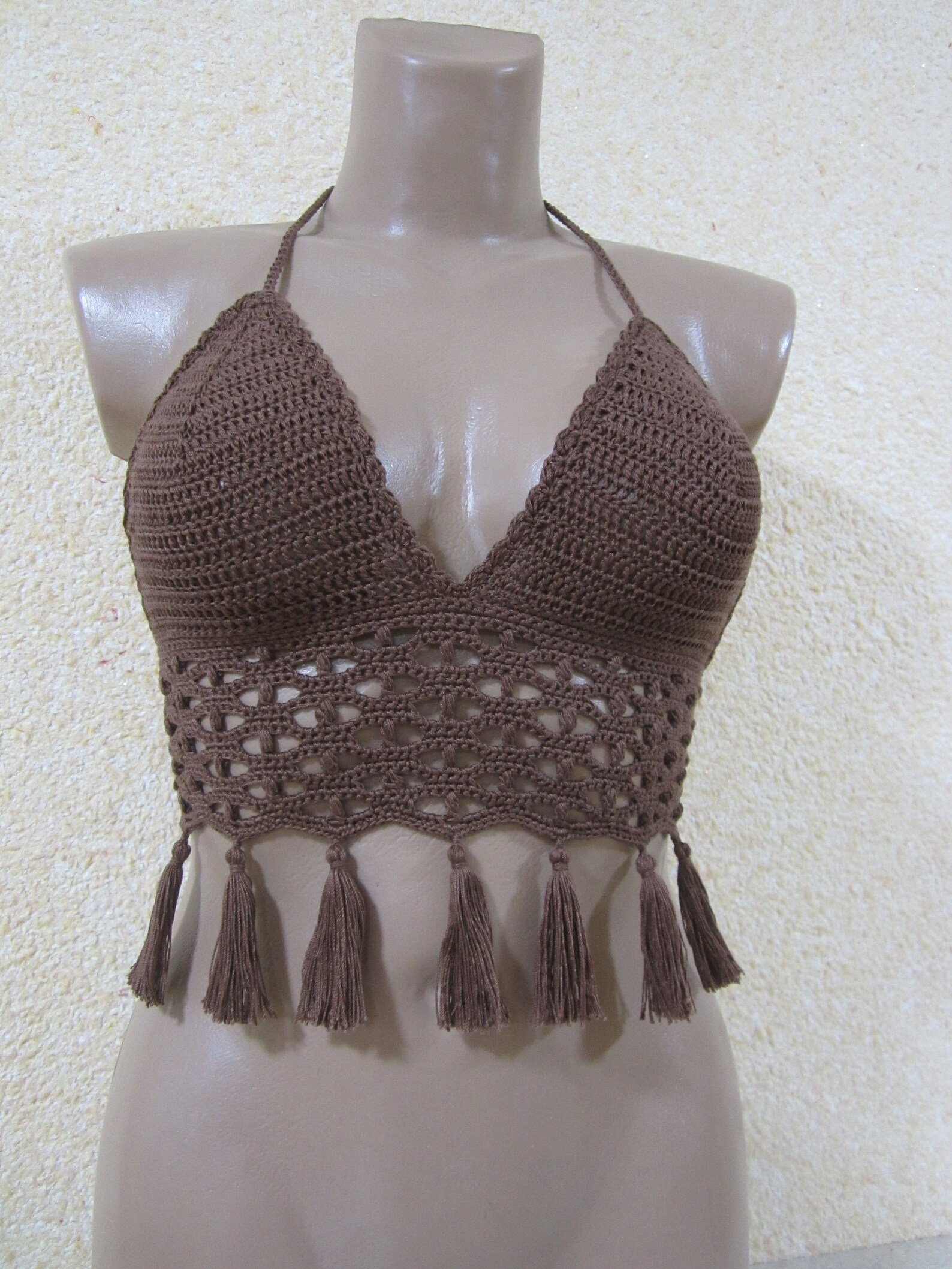 Brown Crochet Bikini Top Beach Outfit Triangle Swimsuit Top Crochet ...