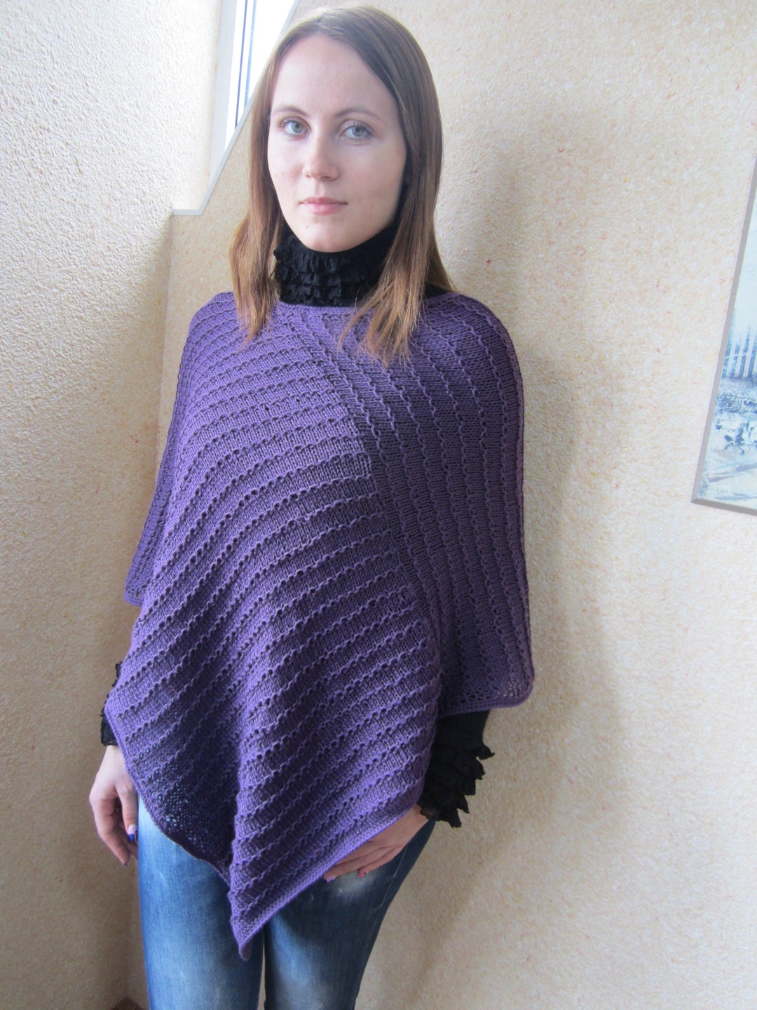 Hand Knitted Poncho, Summer Poncho,poncho, Purple Poncho,ladies Poncho ...