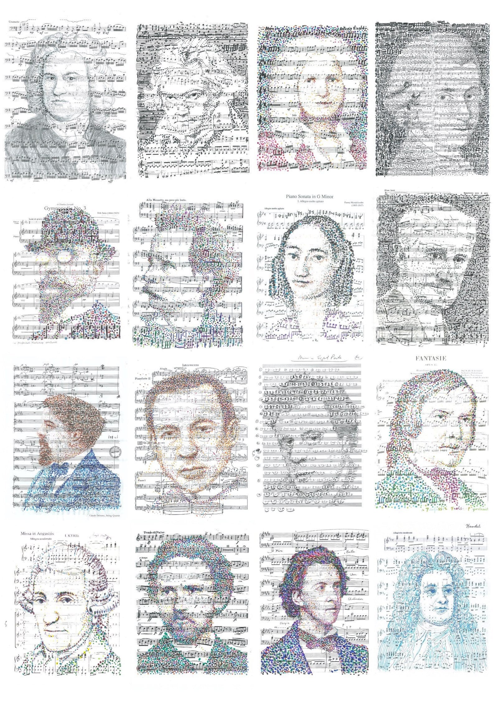 Classical Music Composers, Handmade Portraits of Bach, Beethoven ...
