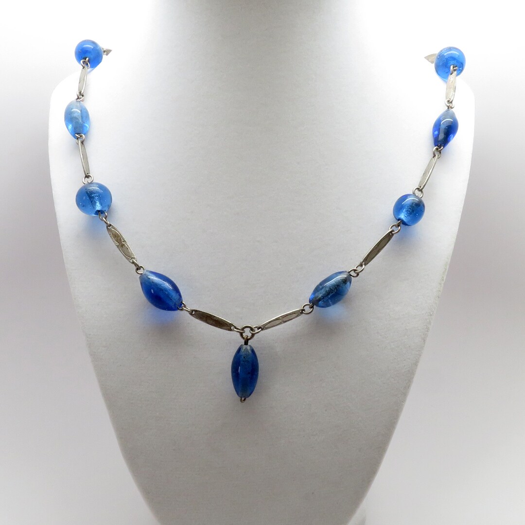 Vintage Hand Blown Light Coblat Blue Glass 24" Beaded Necklace W ...